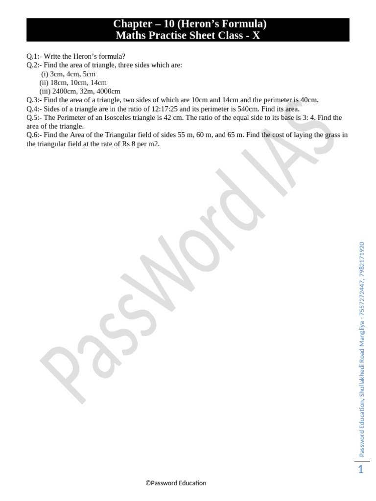 Class 9TH Practise CH 10 Heron's Formula | PDF