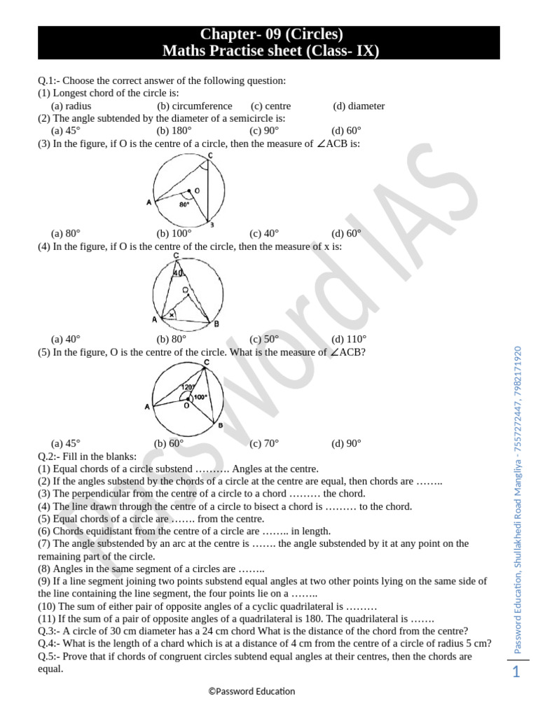 Class IX Maths: Circle Practice Sheet | PDF | Circle | Angle