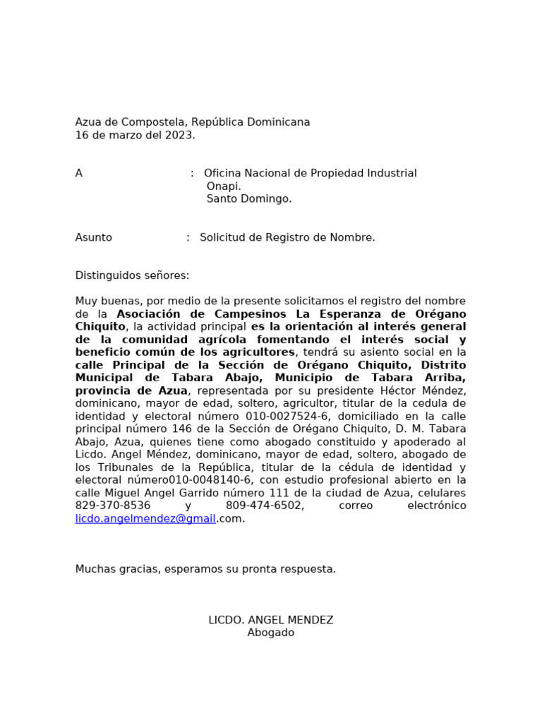 Oficio para Registrar Nombre Comercial Onapi | PDF