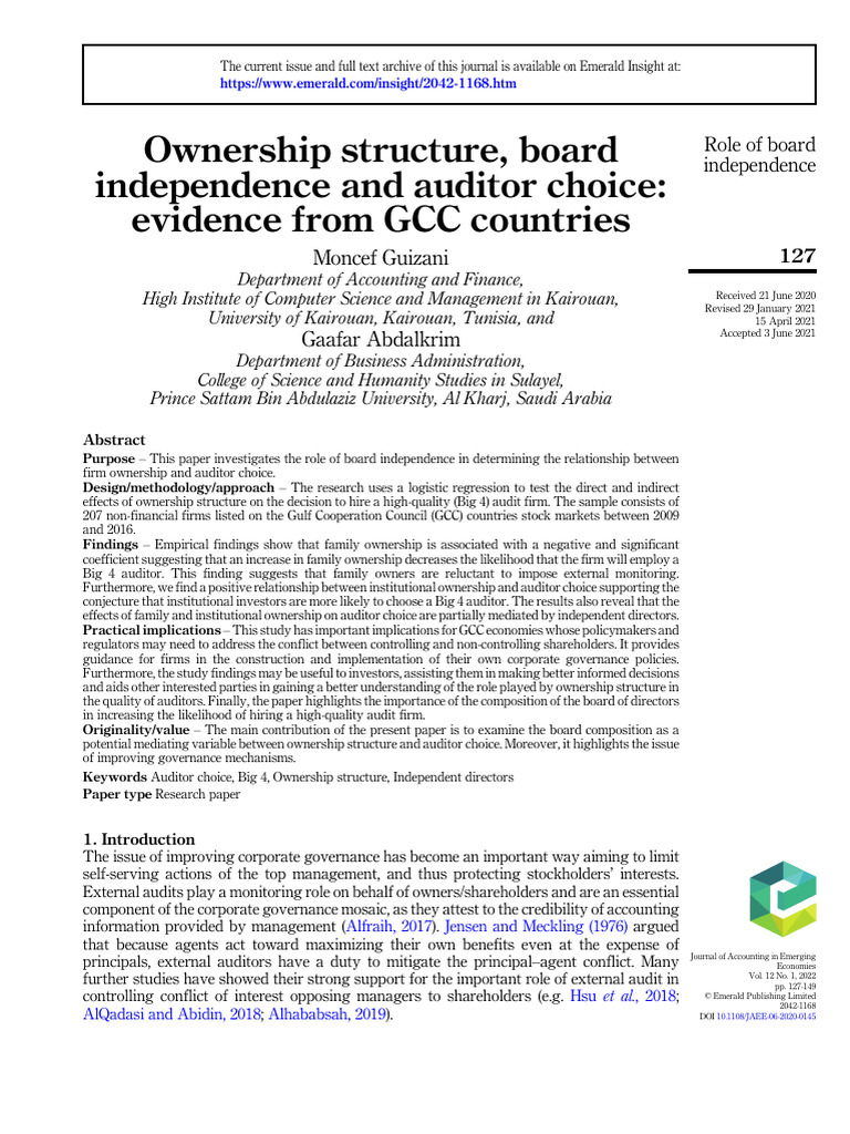 Board Independence and Auditor Choice in GCC | PDF | Corporate ...