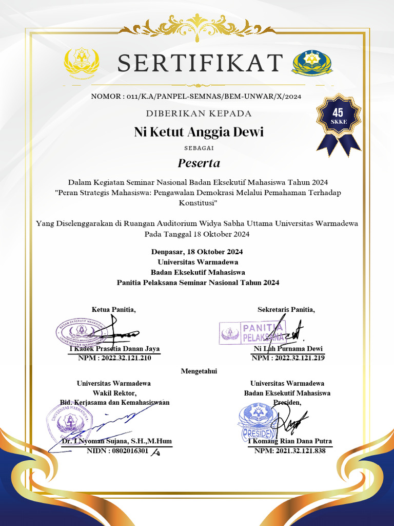 Sertifikat Seminar Nasional BEM UNWAR 2024 | PDF