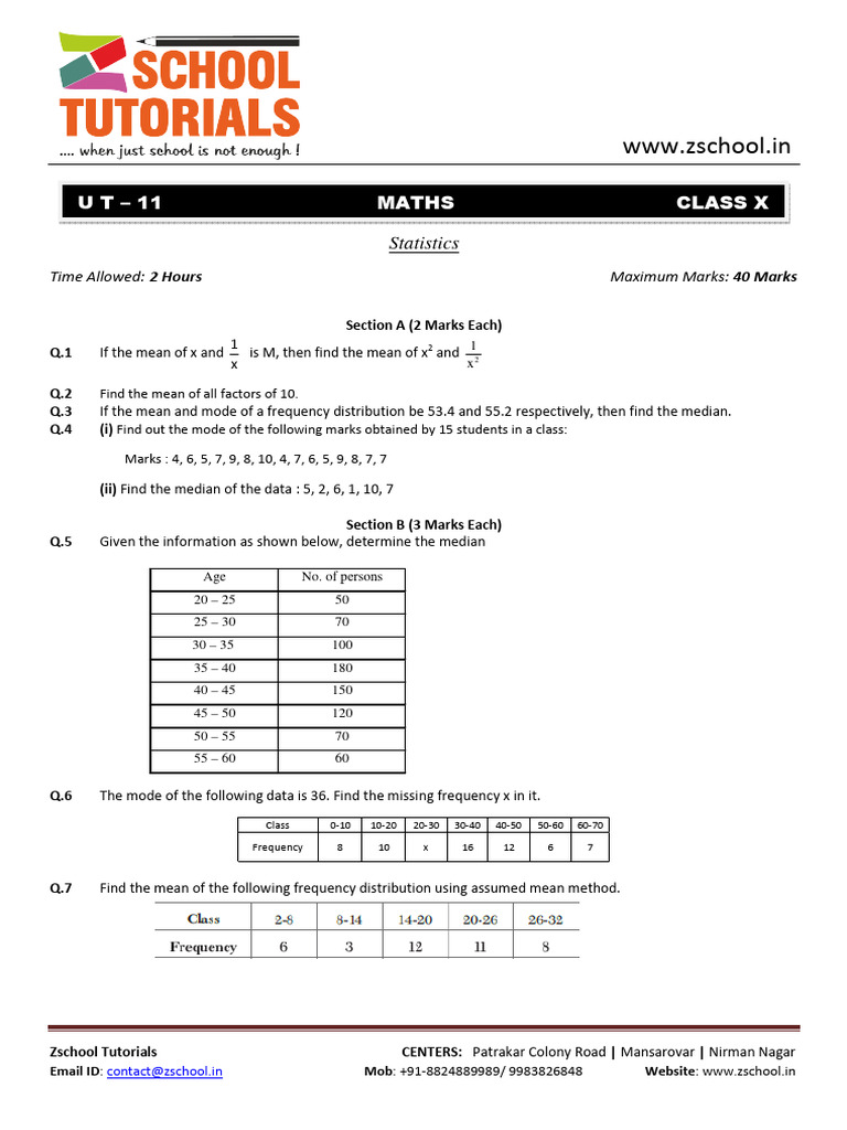 10th Maths UT 11-Statistics | PDF | Mean