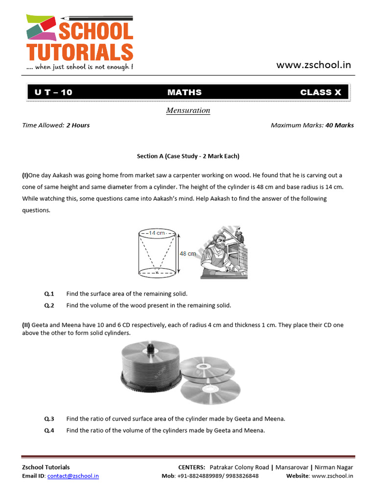 10th Maths Test - Mensuration | PDF | Sphere | Classical Geometry