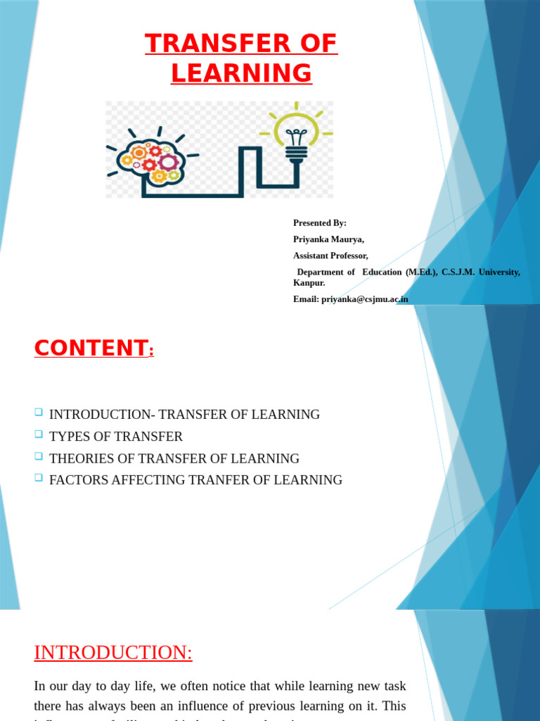 Transfer of Learning Ppt 1 | PDF | Learning | Psychological Concepts