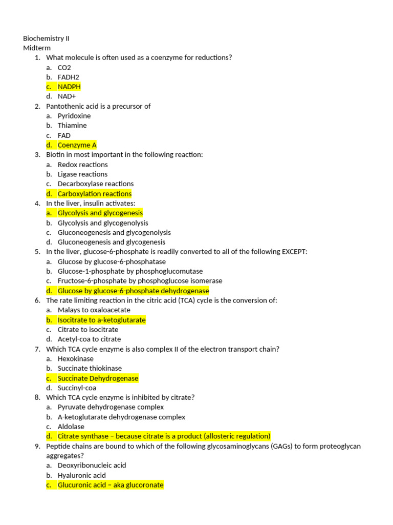 Biochemistry II Midterm Exam Questions | PDF | Glycolysis | Diet ...