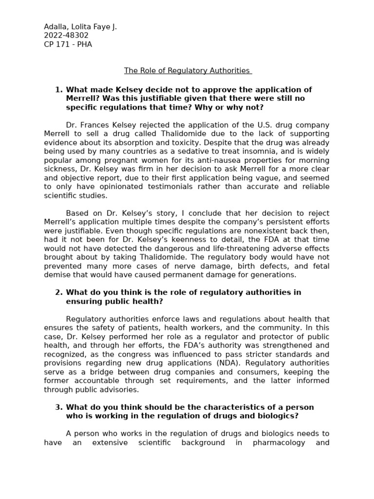 ADALLA - The Role of Regulatory Authorities | PDF | Food And Drug Administration | Medicine