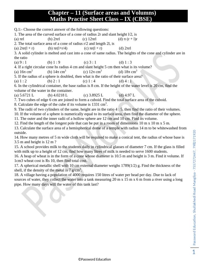 Class 9TH Practise CH 11 Area Volumns | PDF | Sphere | Volume
