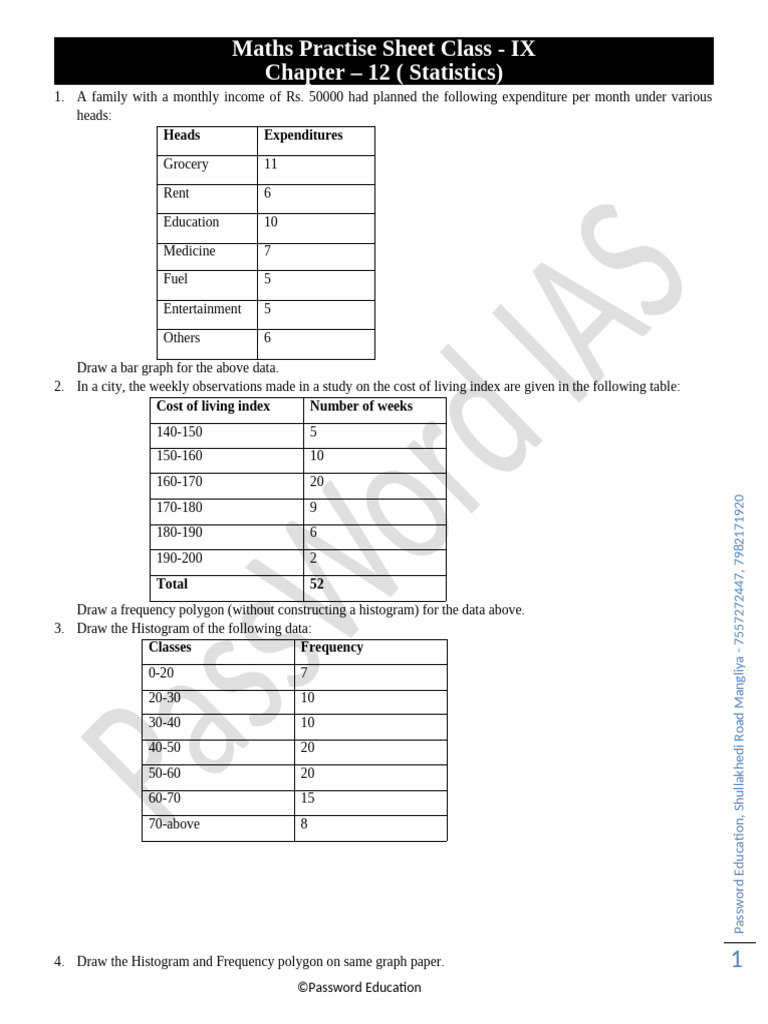 Class 9TH Practise CH 12 Statistics | PDF | Cost Of Living | Histogram