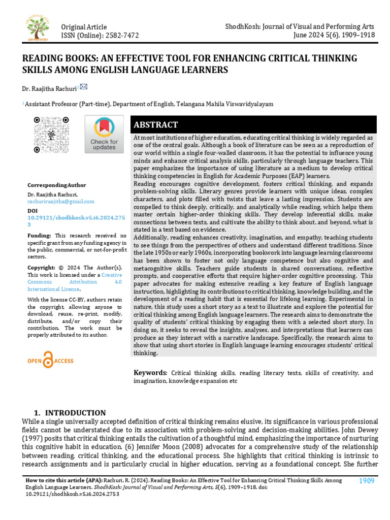 READING_BOOKS_AN_EFFECTIVE_TOOL_FOR_ENHANCING_CRIT | PDF | Critical Thinking | Reading Comprehension