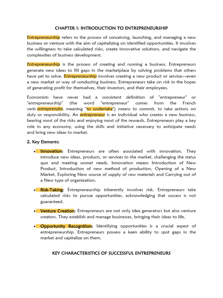 Introduction to Entrepreneurship Concepts | PDF | Entrepreneurship ...