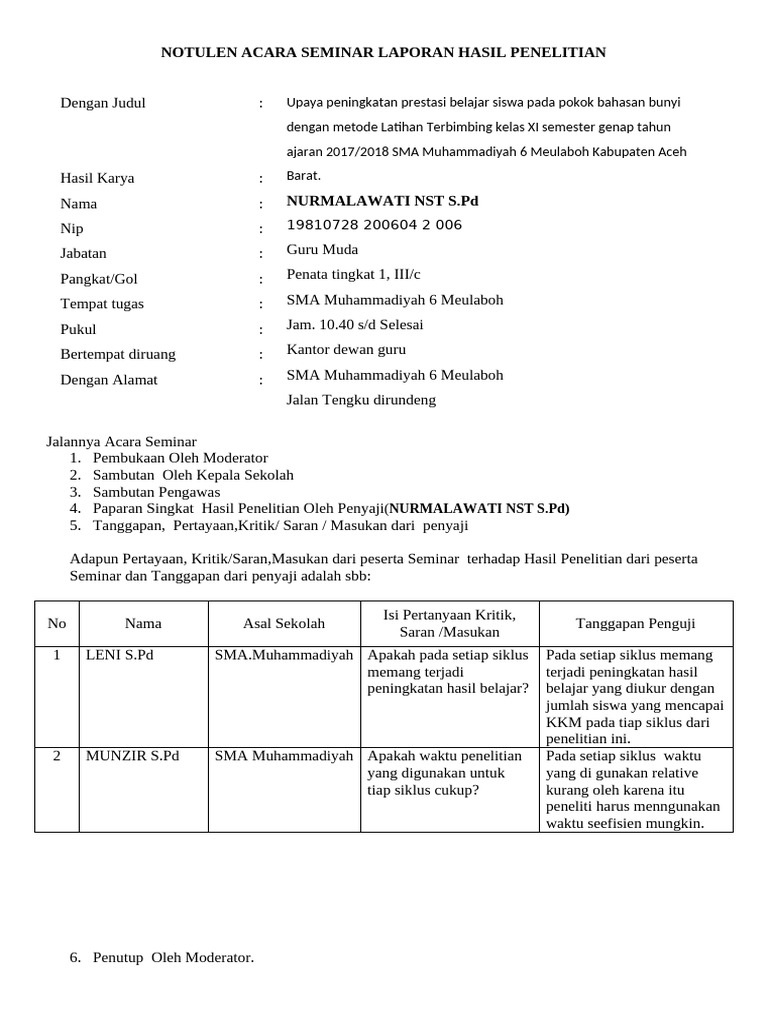 NOTULEN ACARA SEMINAR LAPORAN HASIL PENELITIAN 2 | PDF