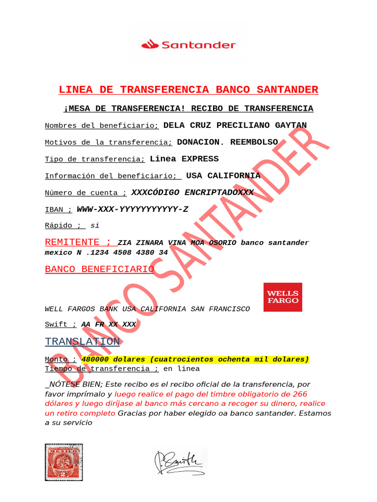 Recibo de Transferencia Banco Santander | PDF