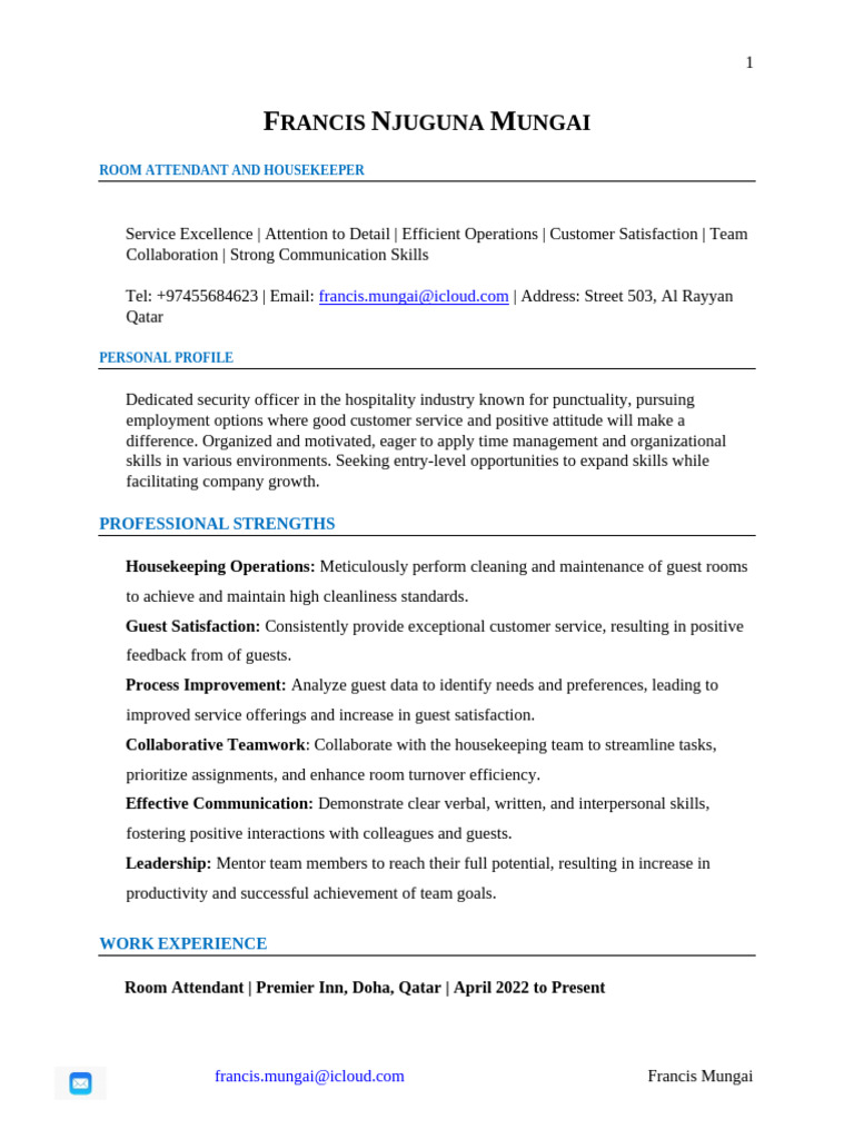 Francis Njuguna Mwangi - Resume | PDF | Leadership | Housekeeping