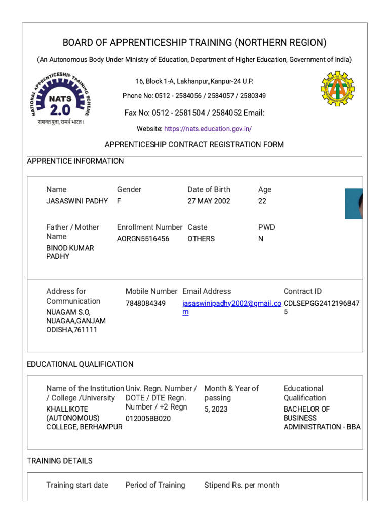 Apprenticeship Contract Registration Form | PDF | Apprenticeship ...