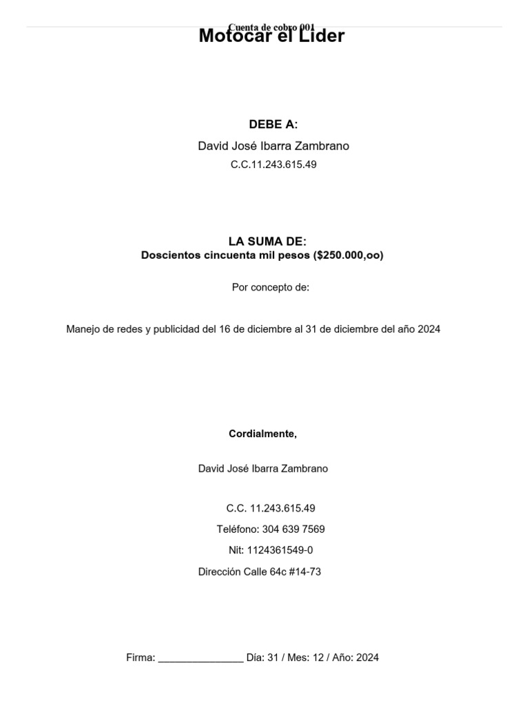 Cuenta de Cobro Segunda Quincena de Diciembre 2024 | PDF