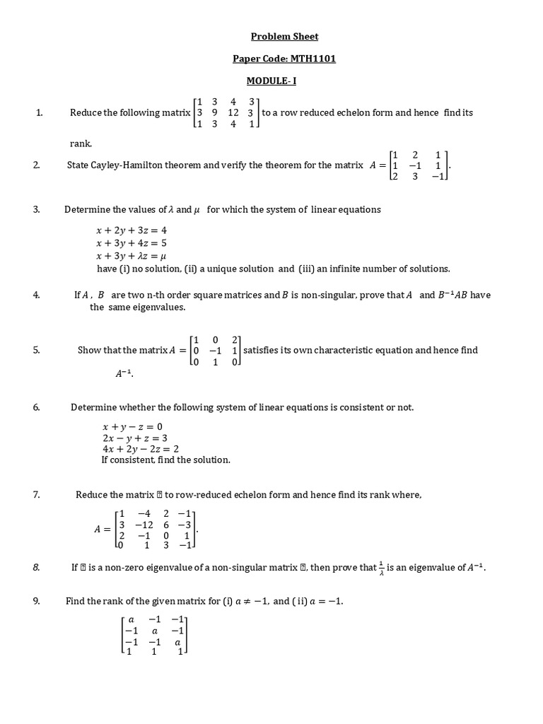 MTH1101 Problem Sheet | PDF | Matrix (Mathematics) | Eigenvalues And Eigenvectors