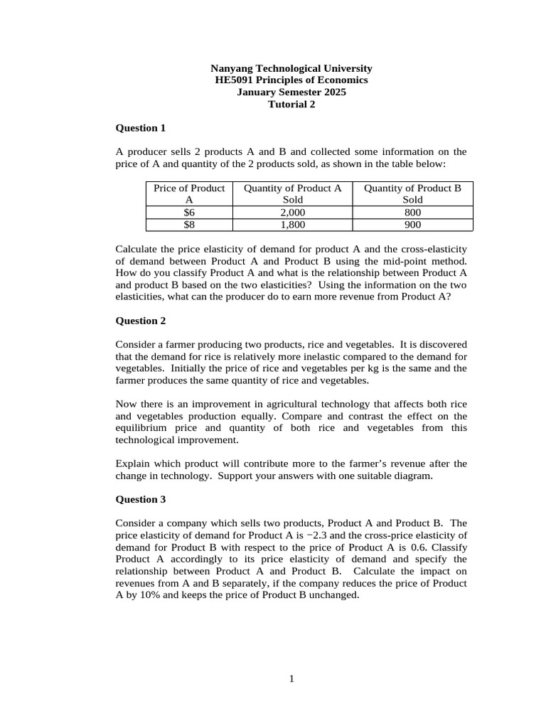 HE5091 Jan 2025 Tutorial 2.student Version | PDF | Elasticity (Economics) | Demand