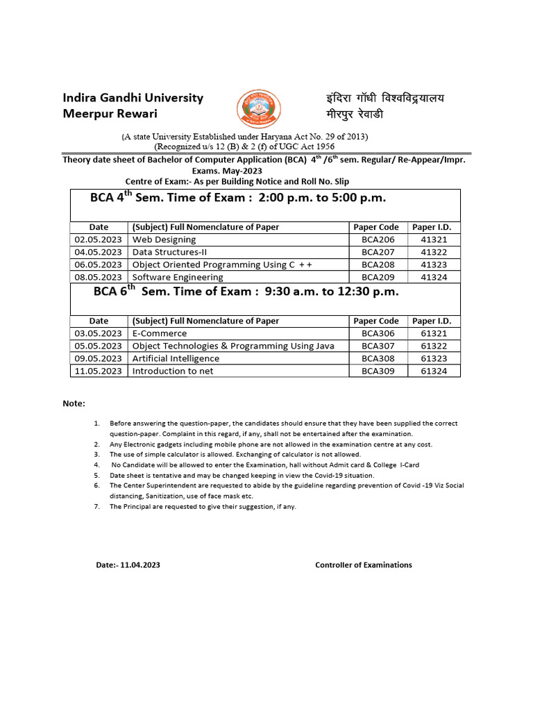 Theory Date Sheet of Bachelor of Computer Application (BCA) 4th, 6th Sem. Regular, Re-Appear ...