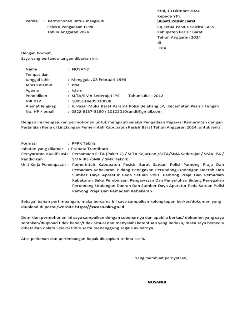 Surat Lamaran Nosandi Fix.. | PDF