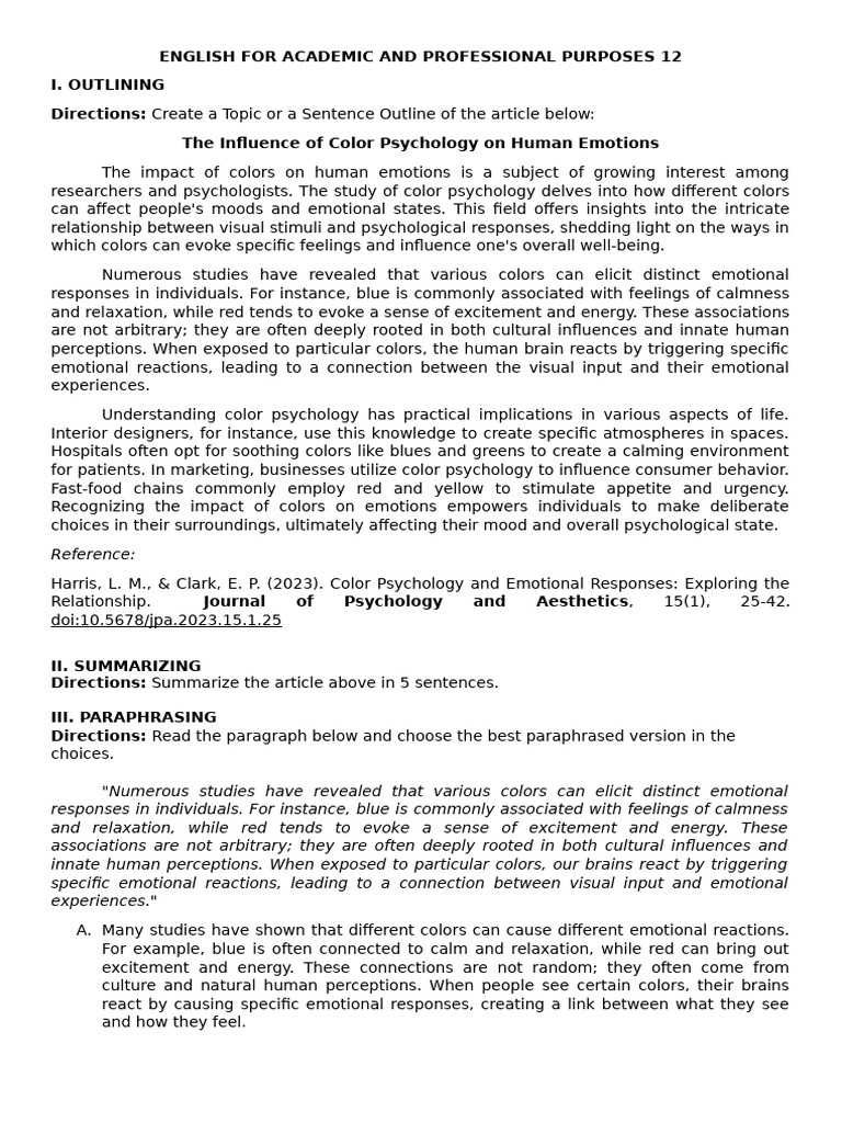 W2 - Group Activity (Outlining, Summarizing, and Paraphrasing) | PDF | Emotions | Psychology
