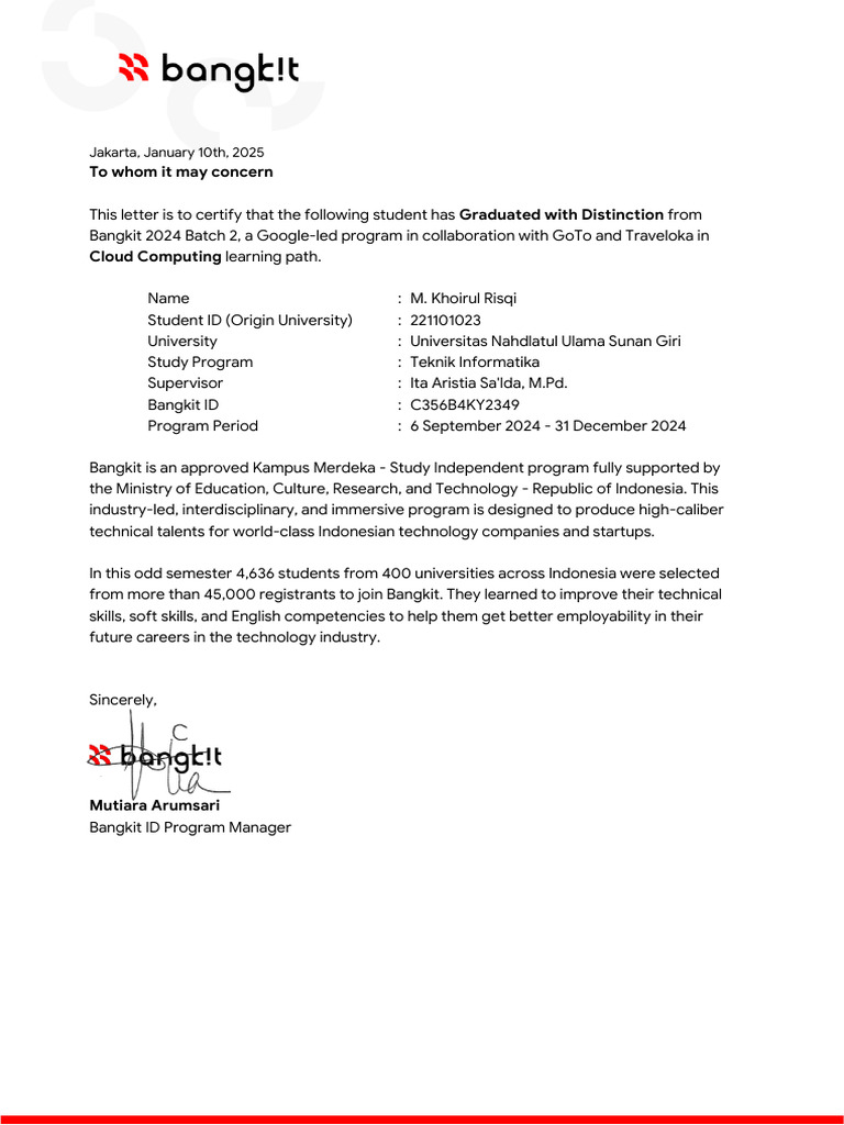 (Bangkit 2024 Batch 2) Graduation Letter - C356B4KY2349 | PDF