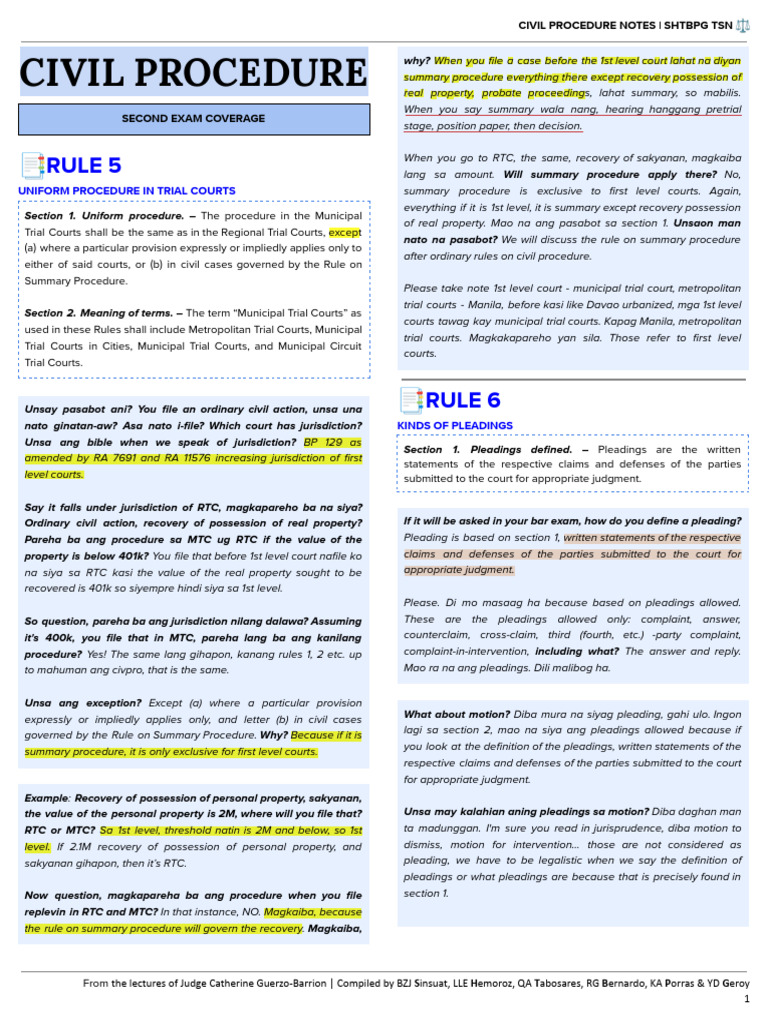 Civil Procedure Exam Notes Overview Pdf Complaint Pleading