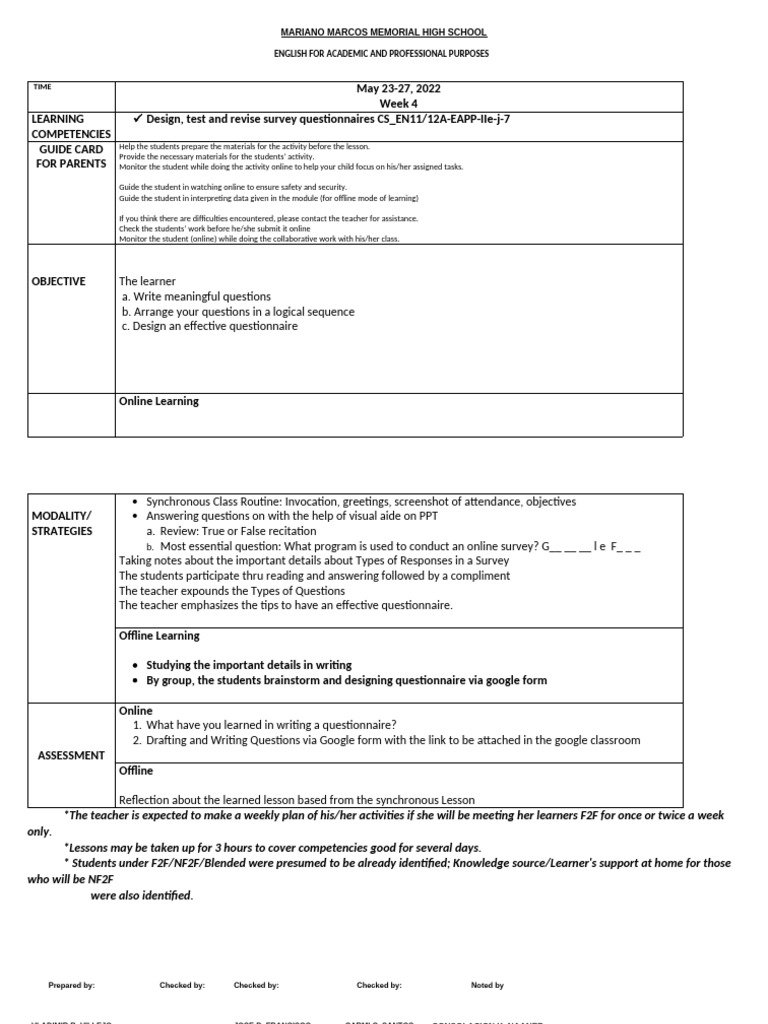 Block Plan For Eapp May 23 27 2022 | PDF | Learning | Teachers
