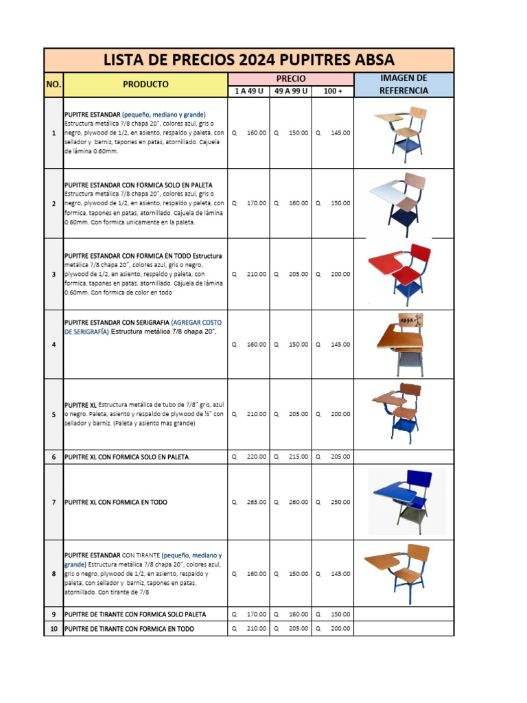 Lista de Precios Pupitres Absa 2024 | PDF | Percepción visual | Visión