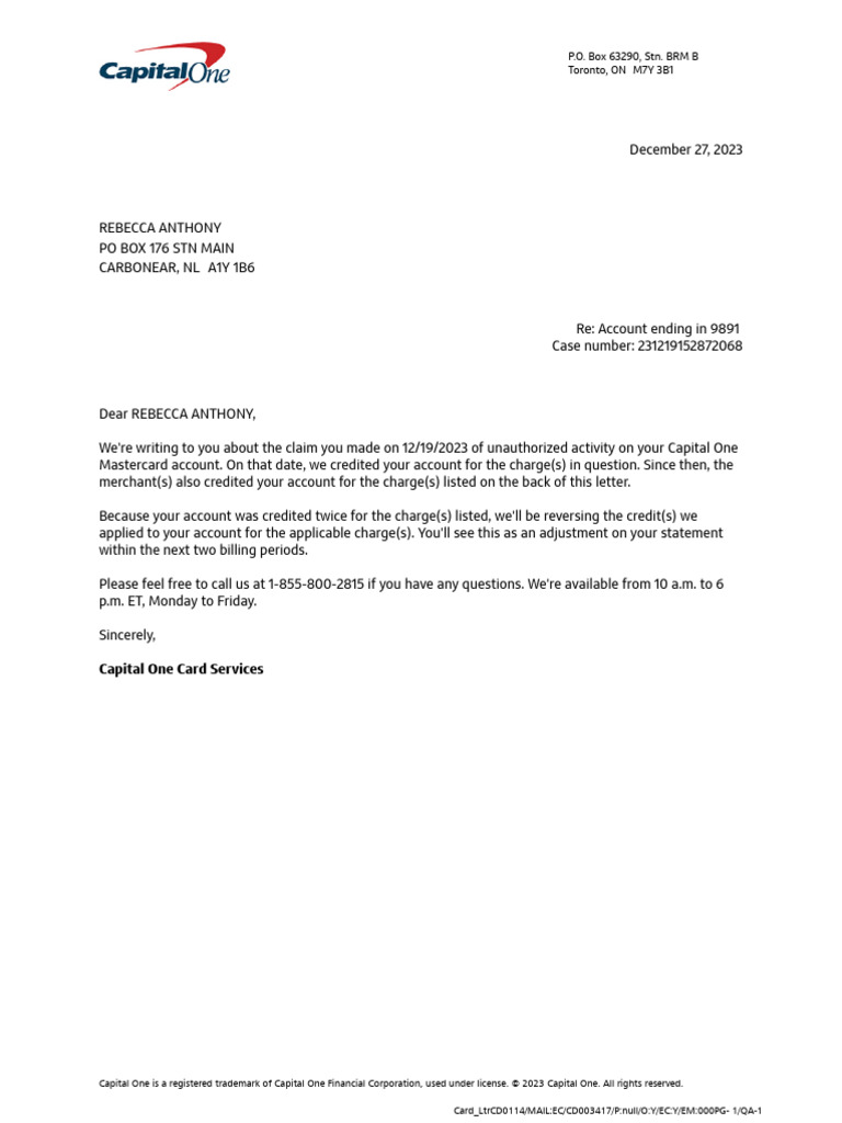 Capital One Account Credit Reversal Notice | PDF