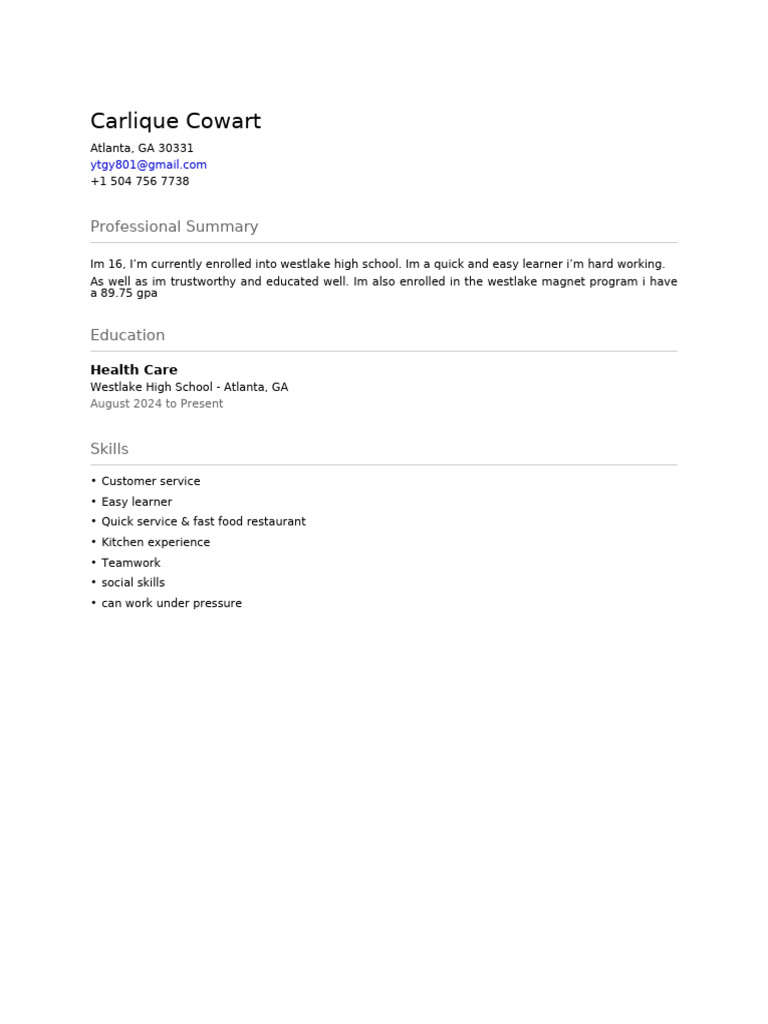 High School Student Resume - Carlique Cowart | PDF