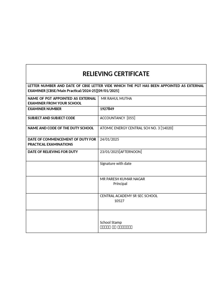 CBSE PGT Relieving Certificate 2025 | PDF