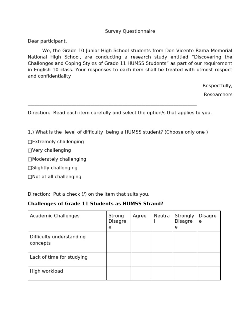 Survey Questionnaire | PDF | Personal Development | Psychological Concepts