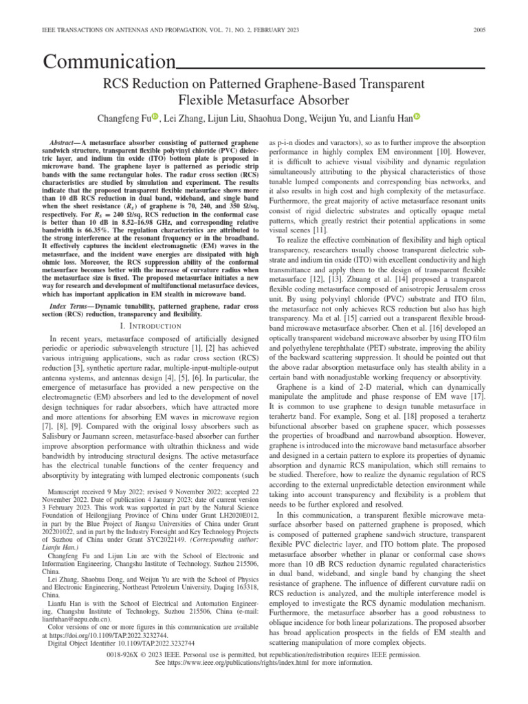 14.RCS Reduction On Patterned Graphene-Based Transparent Flexible Metasurface Absorber | PDF ...