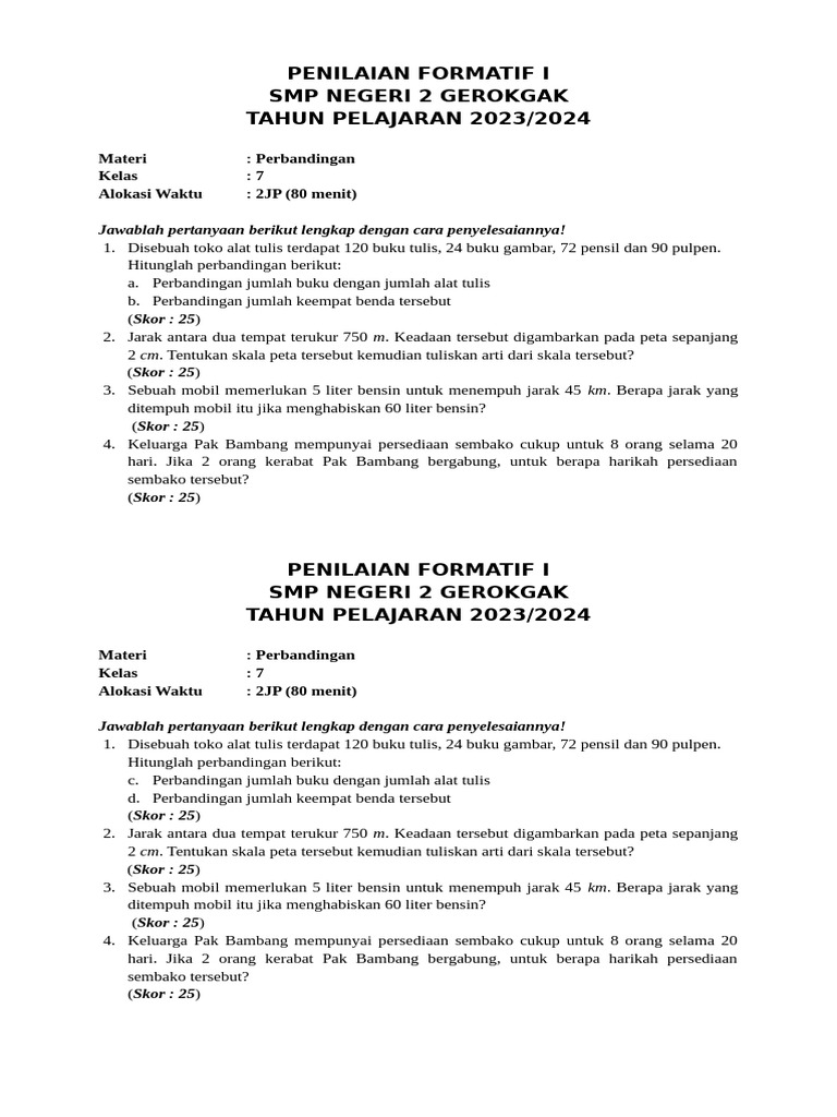 Penilaian Formatif Perbandingan Kelas 7 | PDF