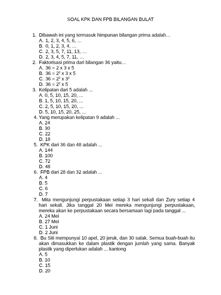 Soal KPK Dan FPB Bilangan Bulat | PDF