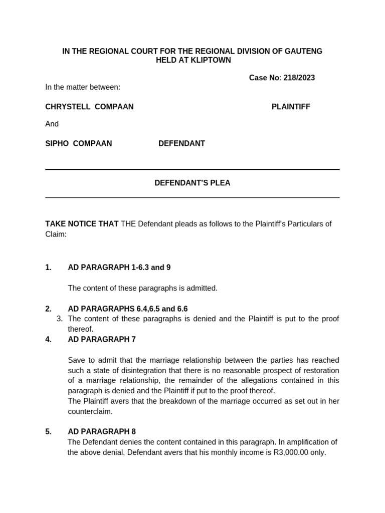 Plea and Counterclaim Class Example Compaan | PDF | Pleading | Justice