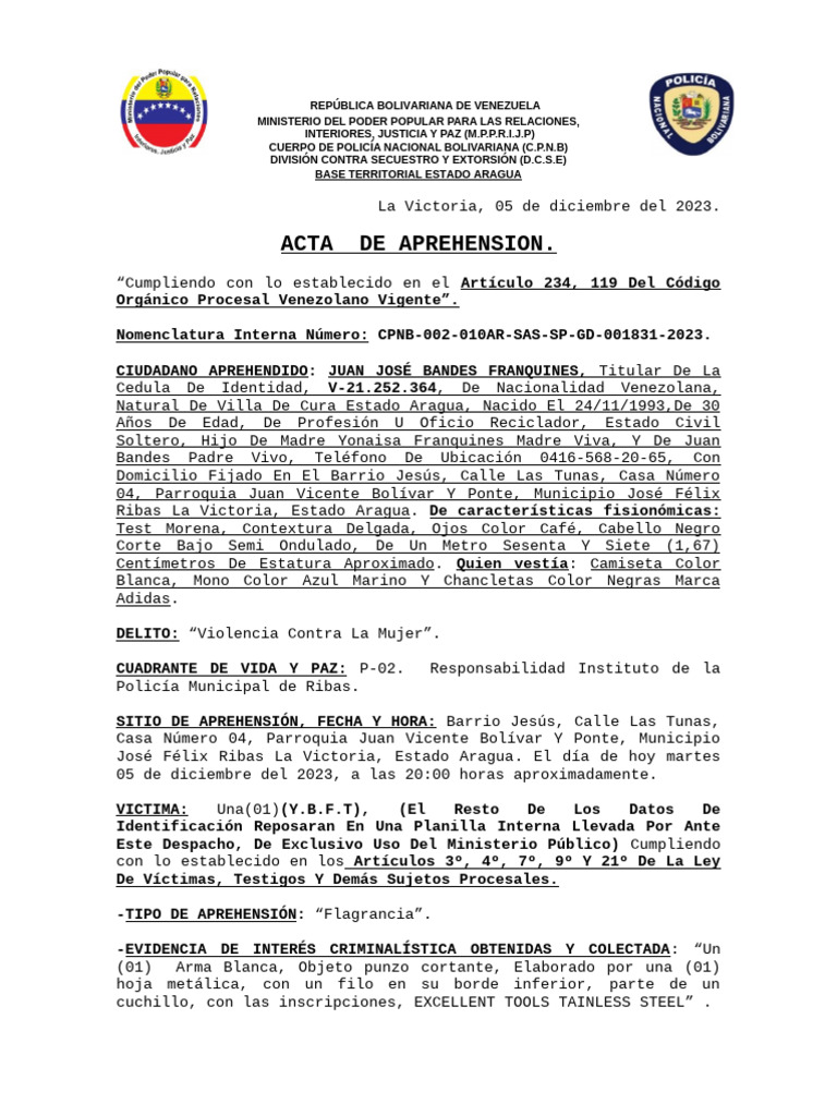 Acta de Aprehension Violencia Seijas-1 | PDF | Venezuela | Policía