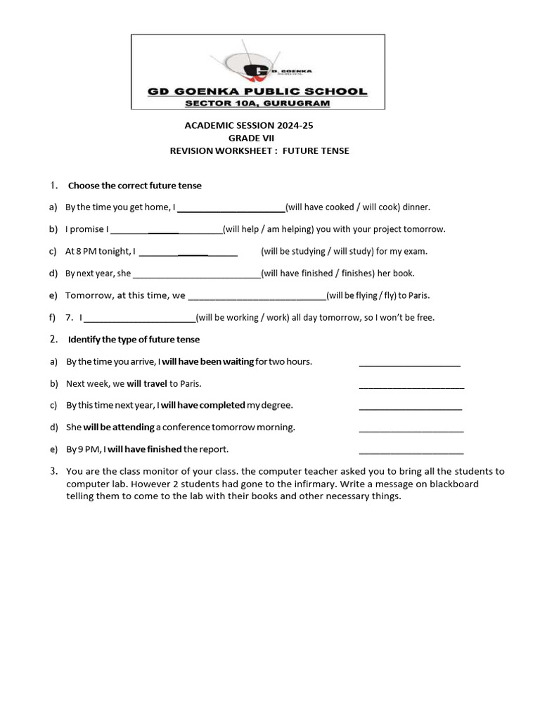 Future Tense Revision Worksheet g7 | PDF