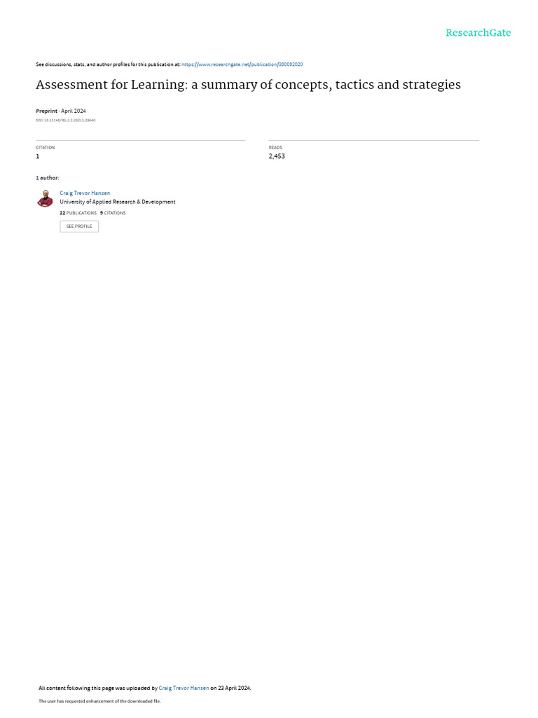 Assessment For Learning: A Summary of Concepts, Tactics and Strategies | PDF | Educational ...