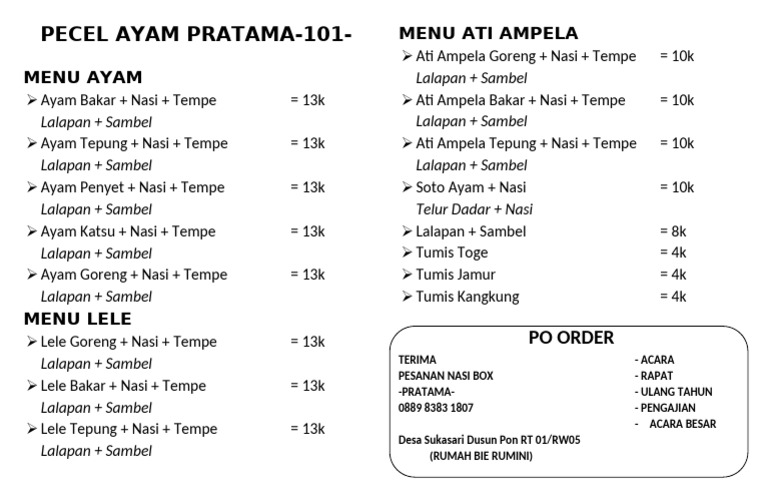 Menu Ayam dan Lele Pecel Pratama | PDF