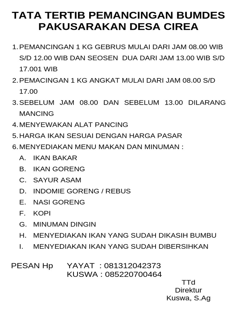 Aturan & Layanan Pemancingan Bumdes Cirea | PDF