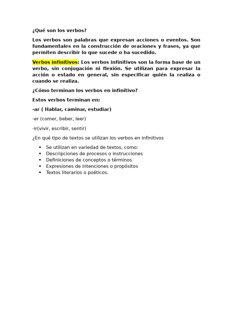 Verbos Infinitivos: Uso y Terminaciones | PDF