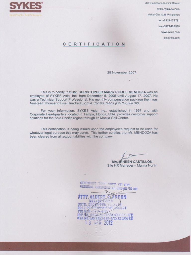 Sykes - Certificate of Employment | PDF