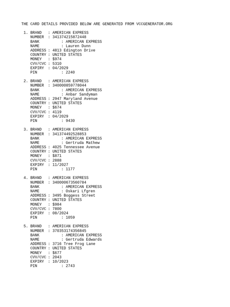 American Express VCC Details List | PDF