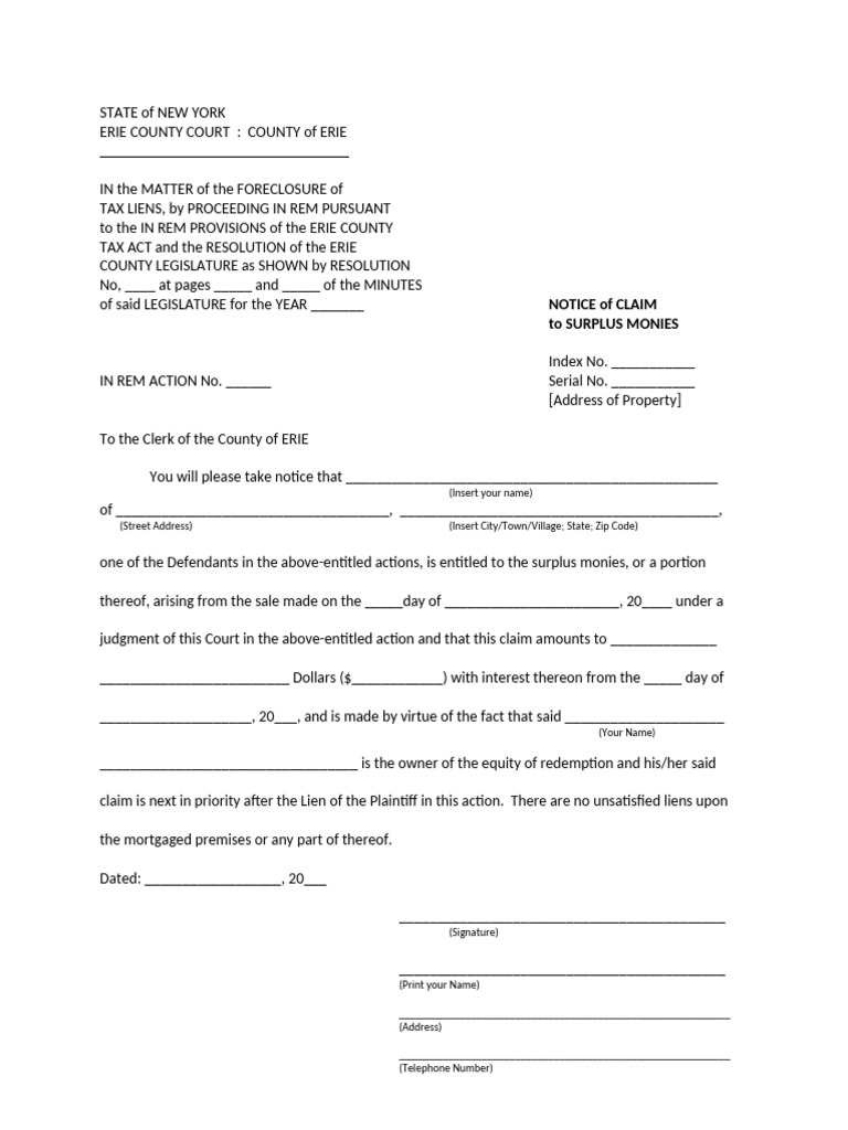 Notice of Claim To Surplus Monies | PDF | In Rem Jurisdiction | Foreclosure