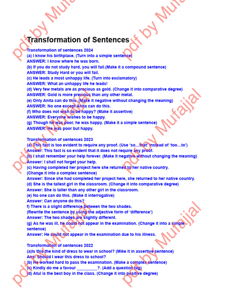 Sentence Transformation Examples | PDF | Question