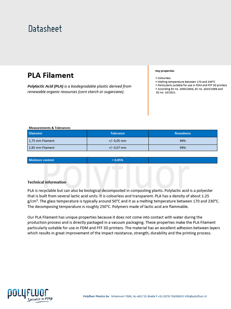 Datasheet Pla Filament Uk | PDF | Materials | Chemical Substances