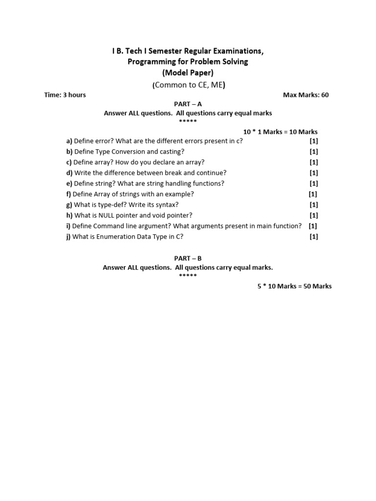 Pps Model Paper Civil Mech 1 | PDF | Pointer (Computer Programming) | C ...