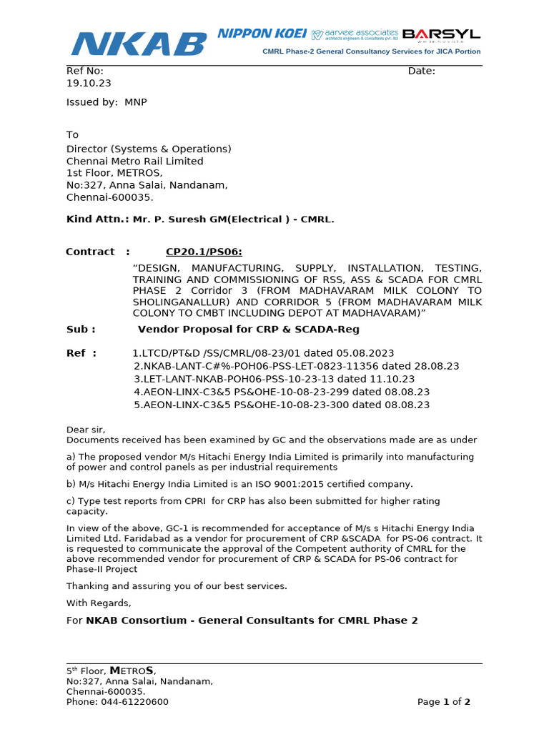 Vendor Approval for CMRL SCADA System | PDF | Rail Infrastructure ...