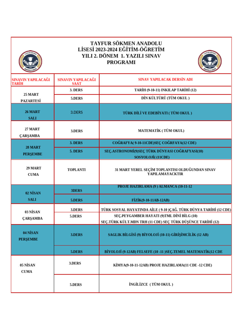 2023-2024 2.dönem Yazili Programi-2 | PDF